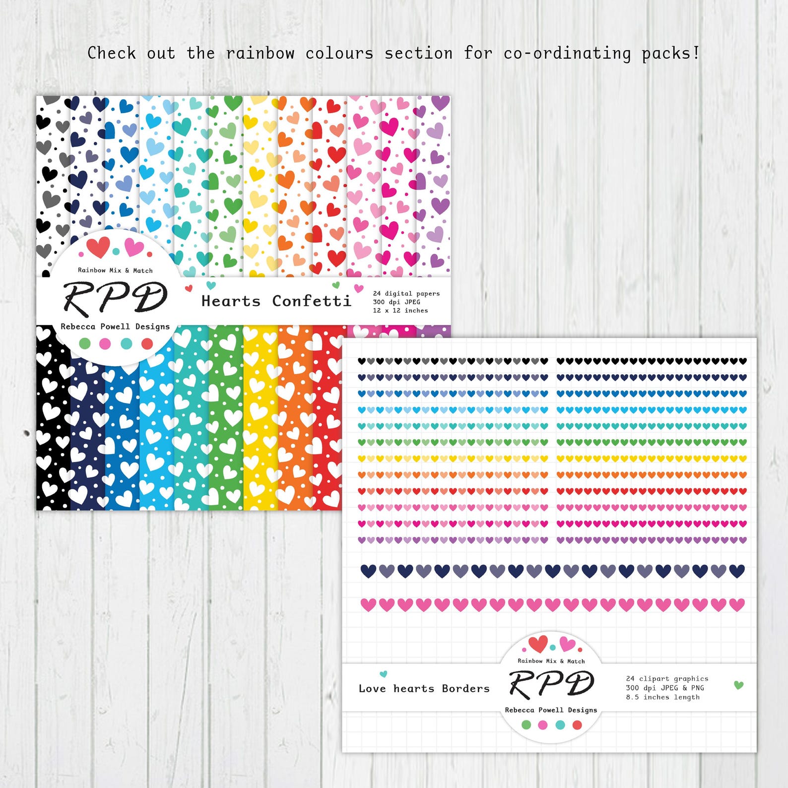 Hearts Seamless Pattern Digital Paper Pack, Rainbow Colours & White ...