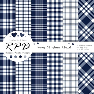 Navy Gingham Plaid Digital Papers: Seamless Scrapbook Patterns (digital ...