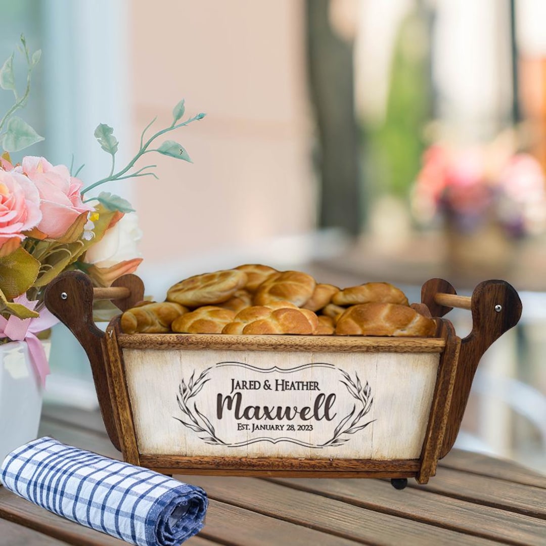 Personalized Acacia Wood Bread Tray: Embroidered Liner, Engraved Gift ...