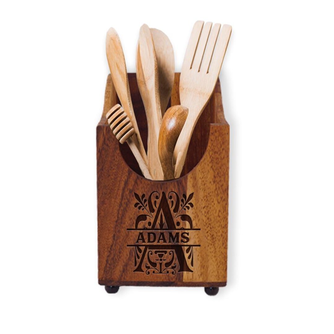 Personalized Kitchen Utensil Holder, Acacia Wood, Engraved Utensil ...