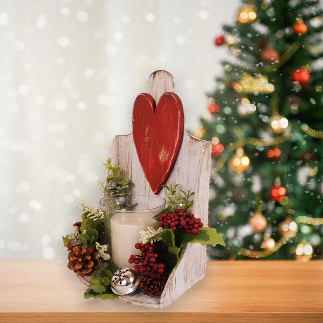 Acacia Wood Christmas Candle Sconce: Heart Decor, Farmhouse Style - Etsy