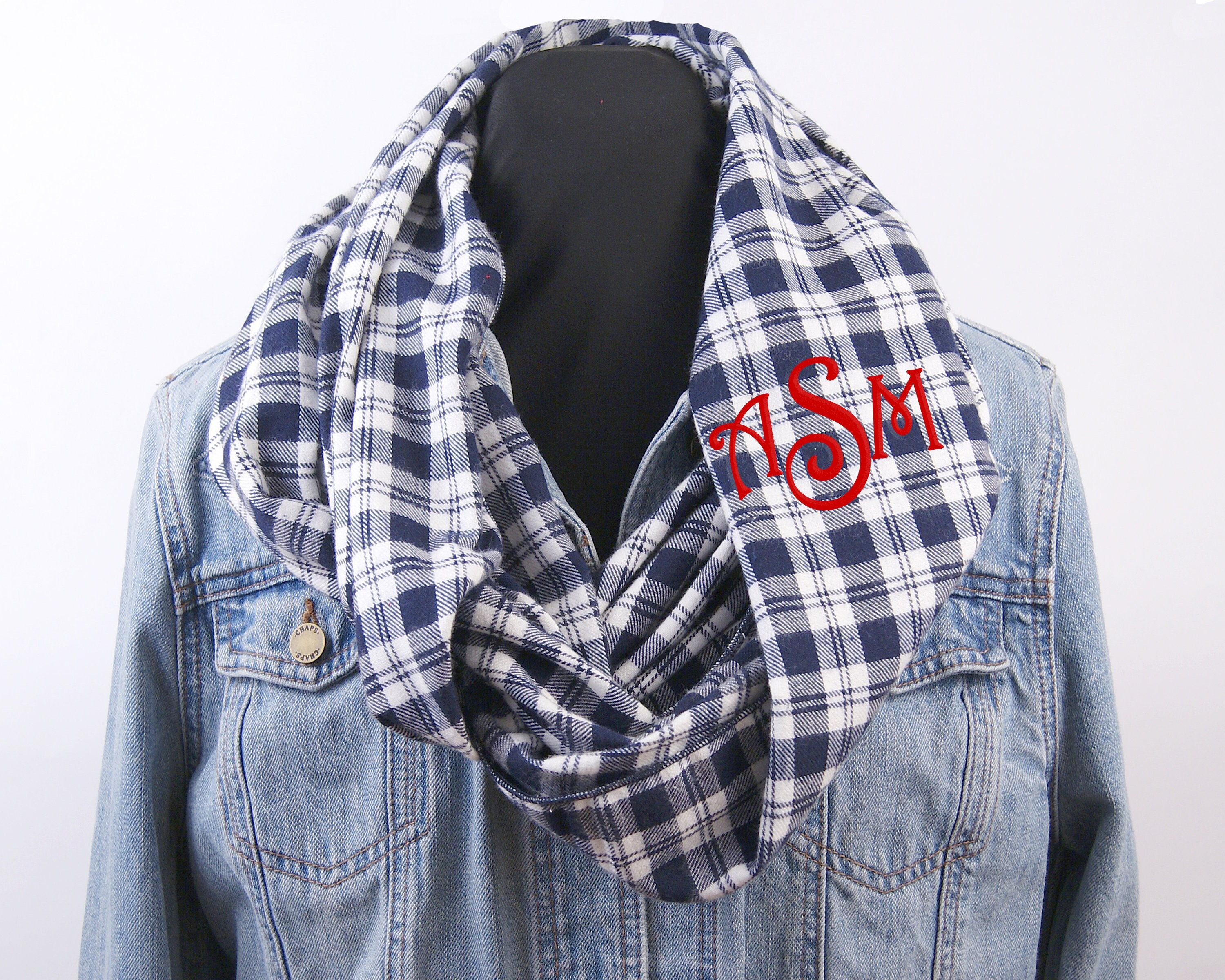 Monogrammed Infinity Scarf, Monogrammed Scarf, Navy and White Plaid ...