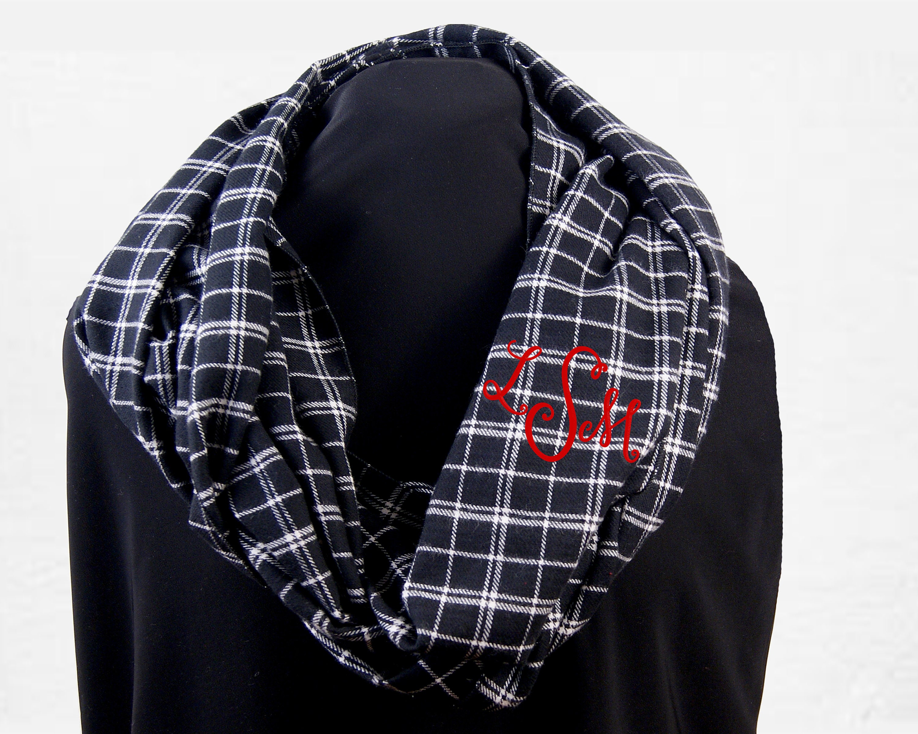 Monogrammed Infinity Scarf, Monogrammed Scarf, Black and White Plaid ...