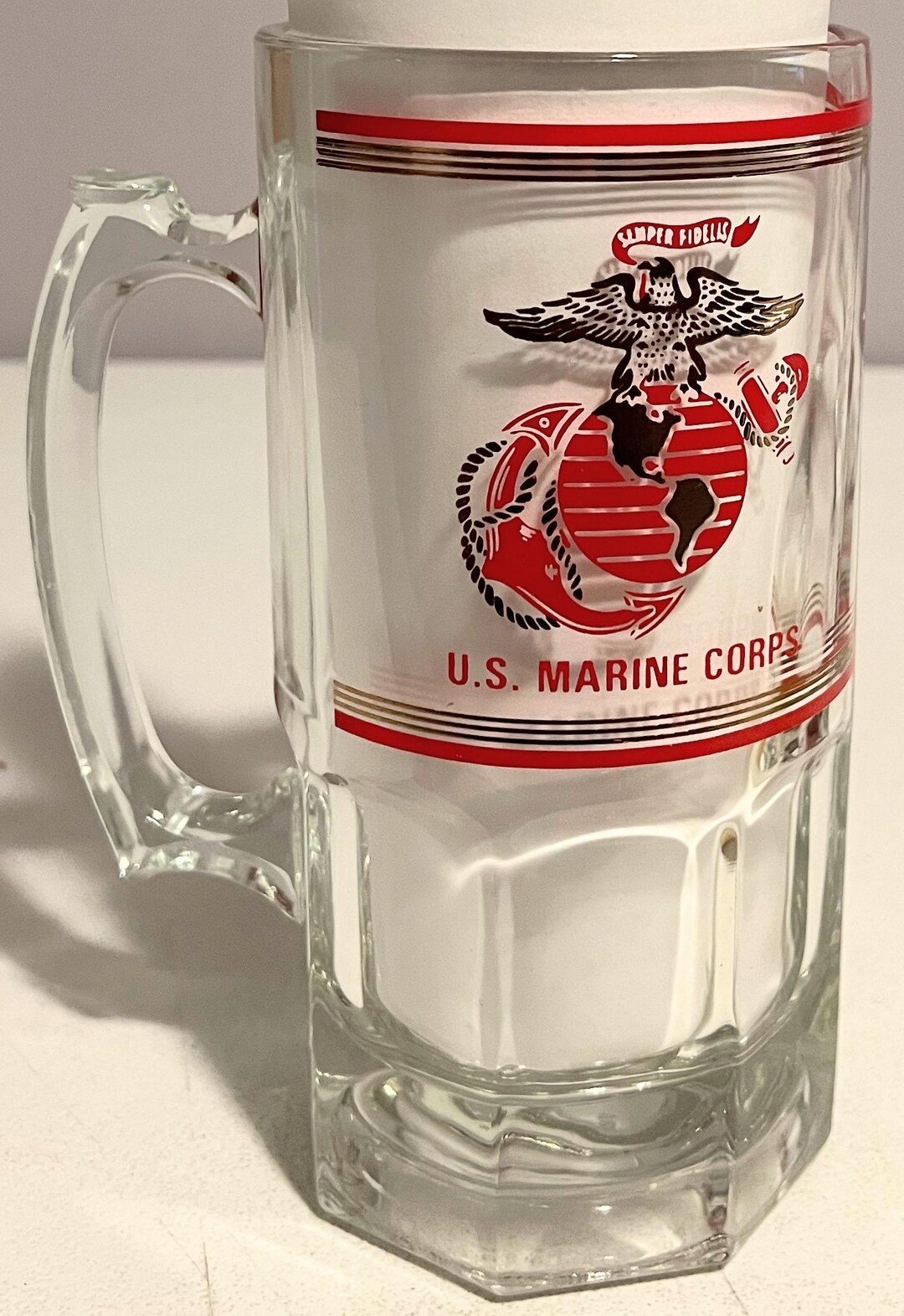 Vintage US Marine Corps Heavy Glass Beer Mug Red Gold Marines Logo USMC ...