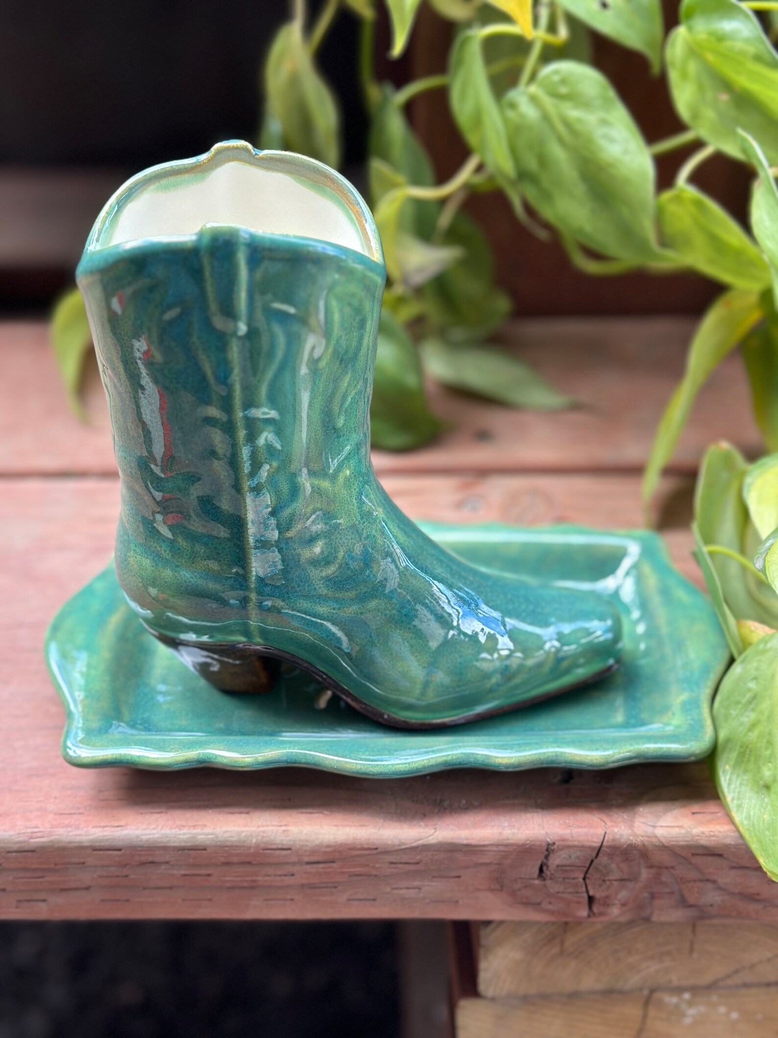 Hand Painted Ceramic Cowboy Boot Planter With Tray and Drainage Holes ...