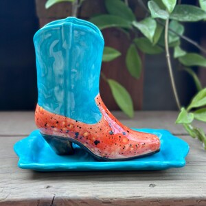 Hand Painted Ceramic Cowboy Boot Planter With Tray and Drainage Holes ...