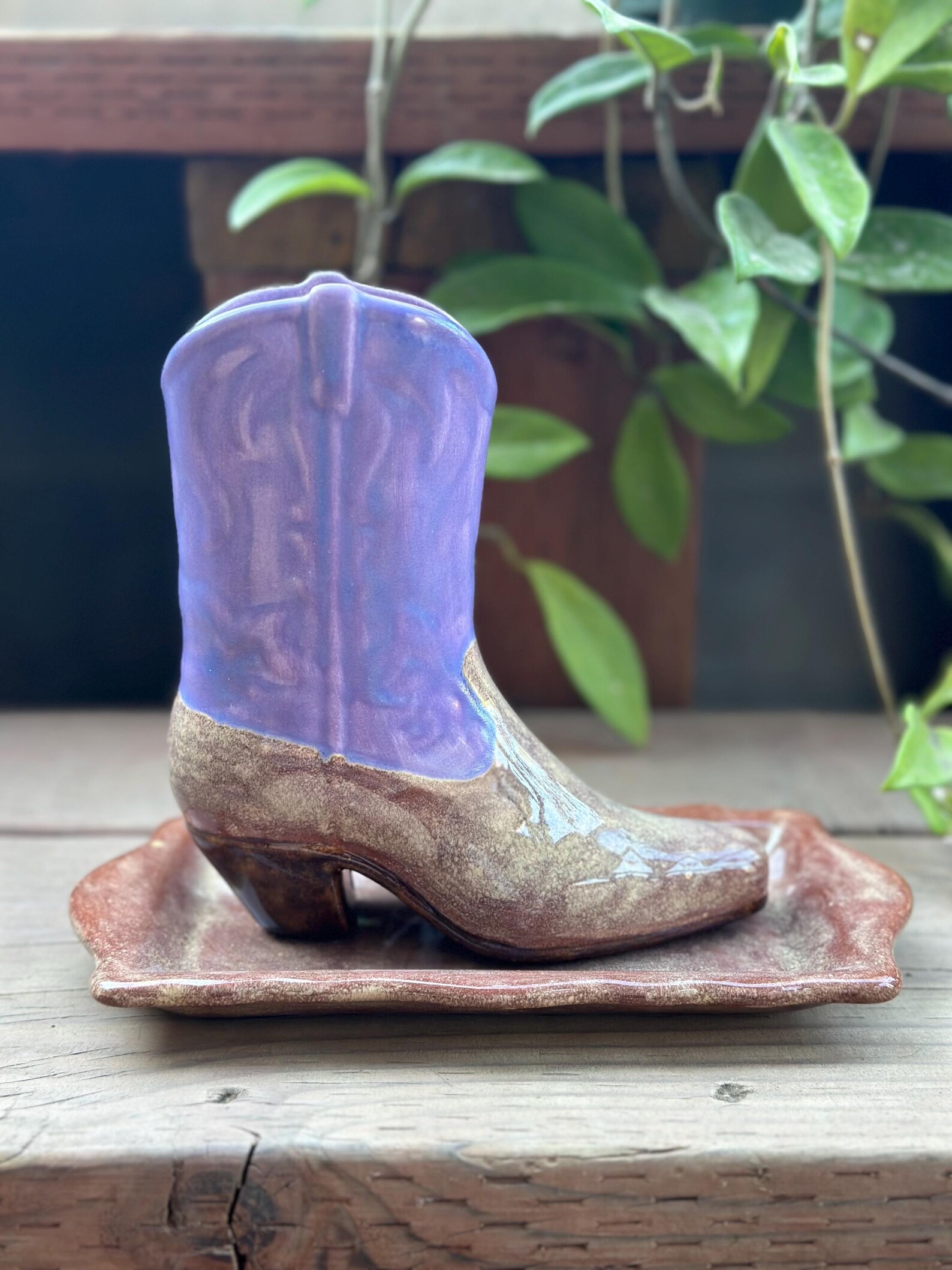 Hand Painted Ceramic Cowboy Boot Planter With Tray and Drainage Holes ...