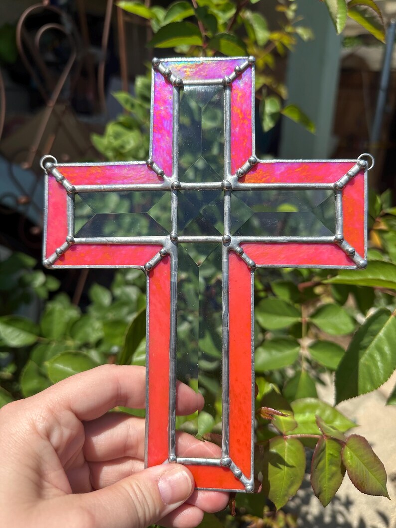 Stained Glass Cross Suncatcher With Beveled Glass - Etsy
