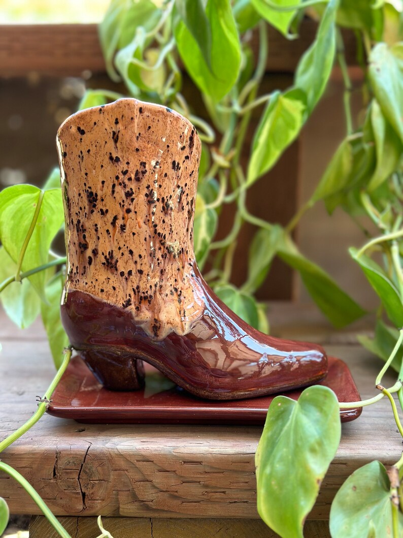 Hand Painted Ceramic Cowboy Boot Planter With Tray and Drainage Holes ...