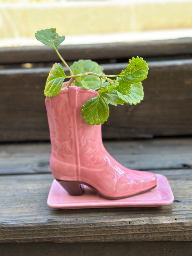 Hand Painted Ceramic Cowboy Boot Planter With Tray and Drainage Holes ...