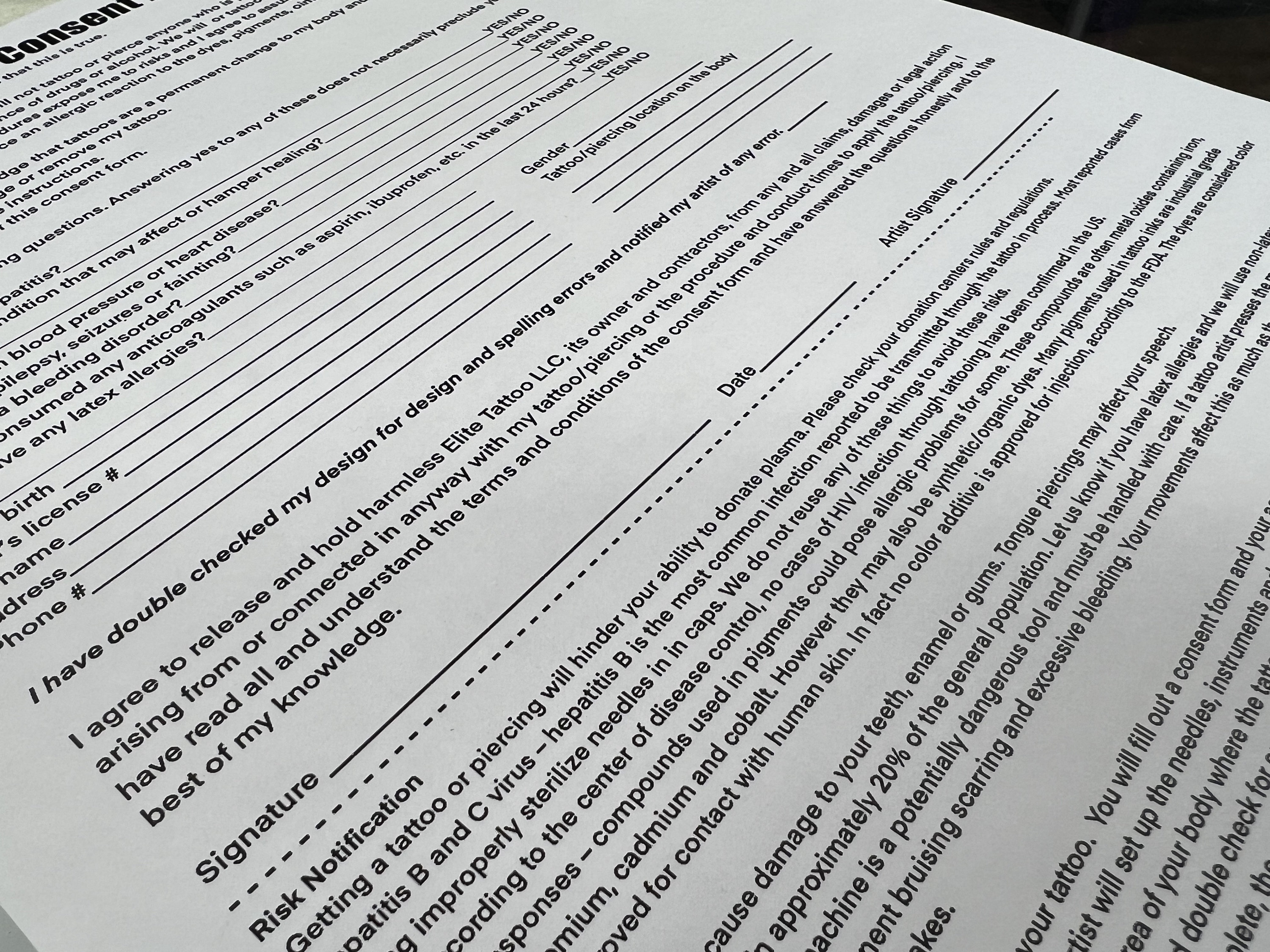 Tattoo Consent Form Adult - Etsy