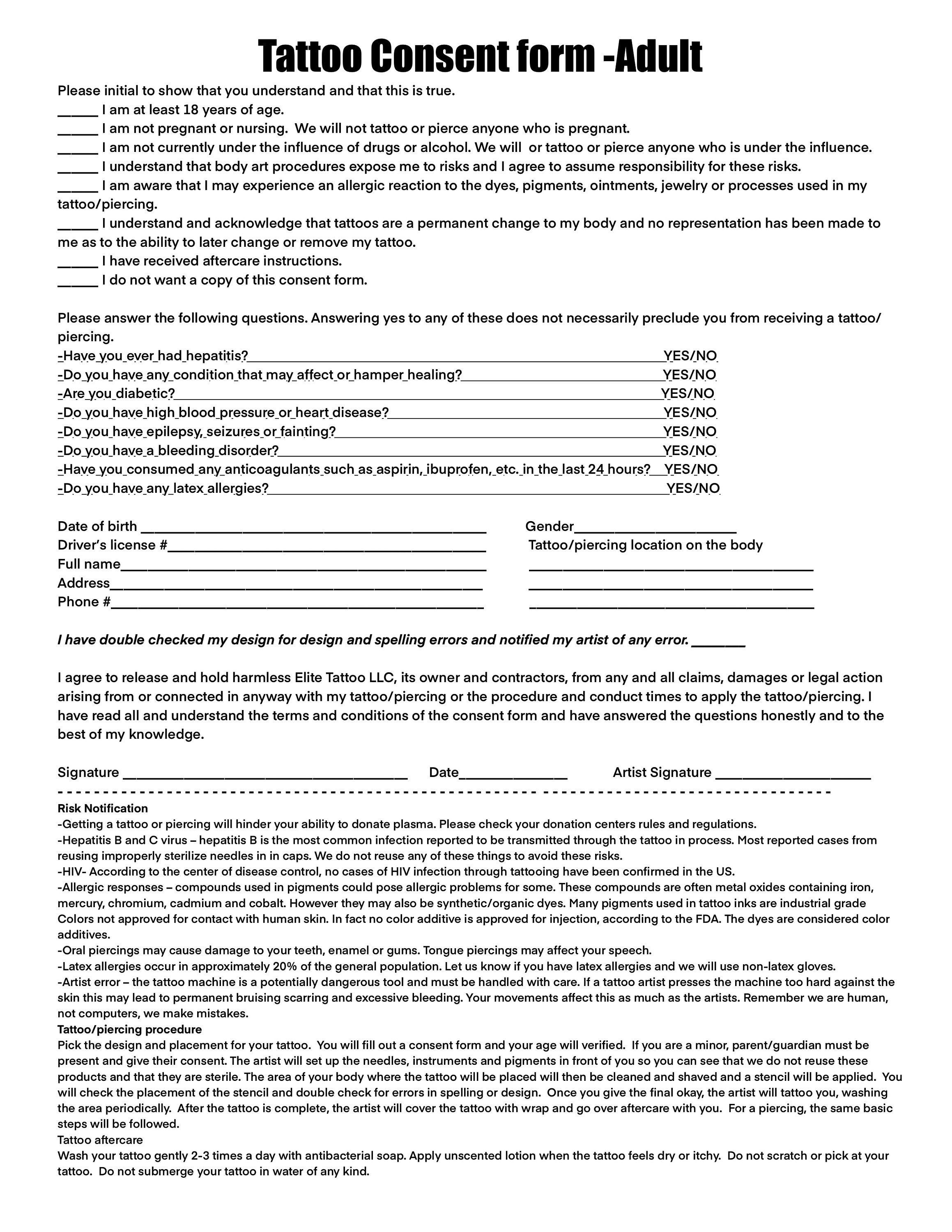 Tattoo Consent Form Adult - Etsy