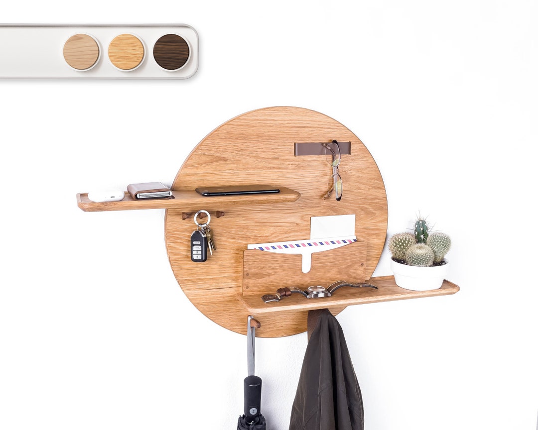 20" Circular Wood Entryway Organizer: White Oak & Walnut Wall Storage ...