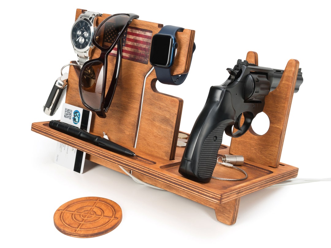 Gun Stand – Functional Gun Tray Organizer – Wooden Phone Docking ...