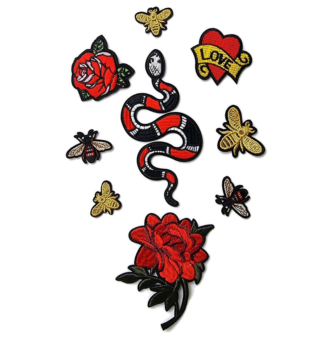 Snake Embroidered Patch Set With Flowers and Gold Bess, Iron On - Etsy