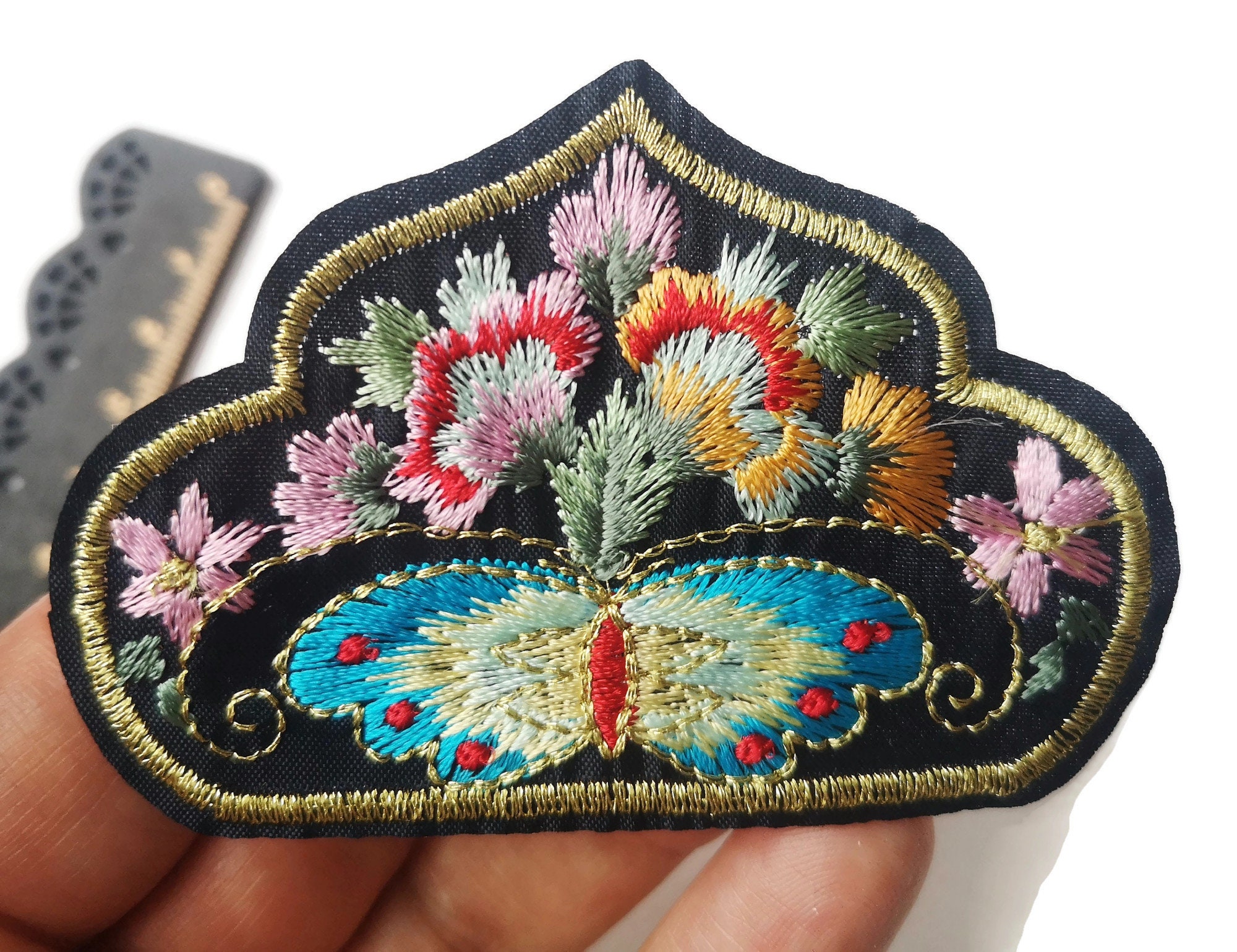 Embroidered Lotus Flower Patch With Blue Butterfly and Gold Thread - Etsy