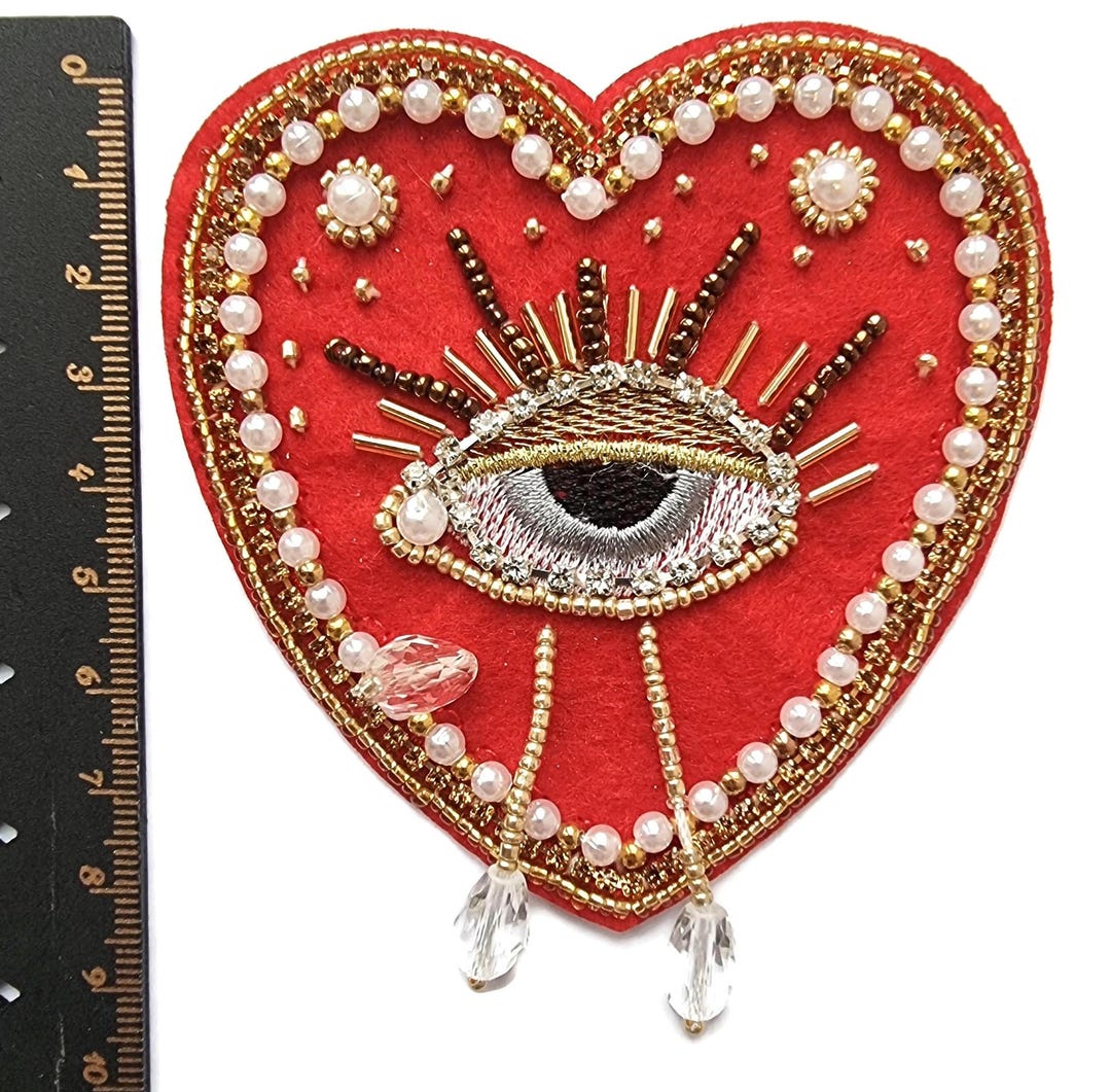 Red Gold, Silver, Pearl Mystic Eye in a Heart Crystal and Beaded Patch ...