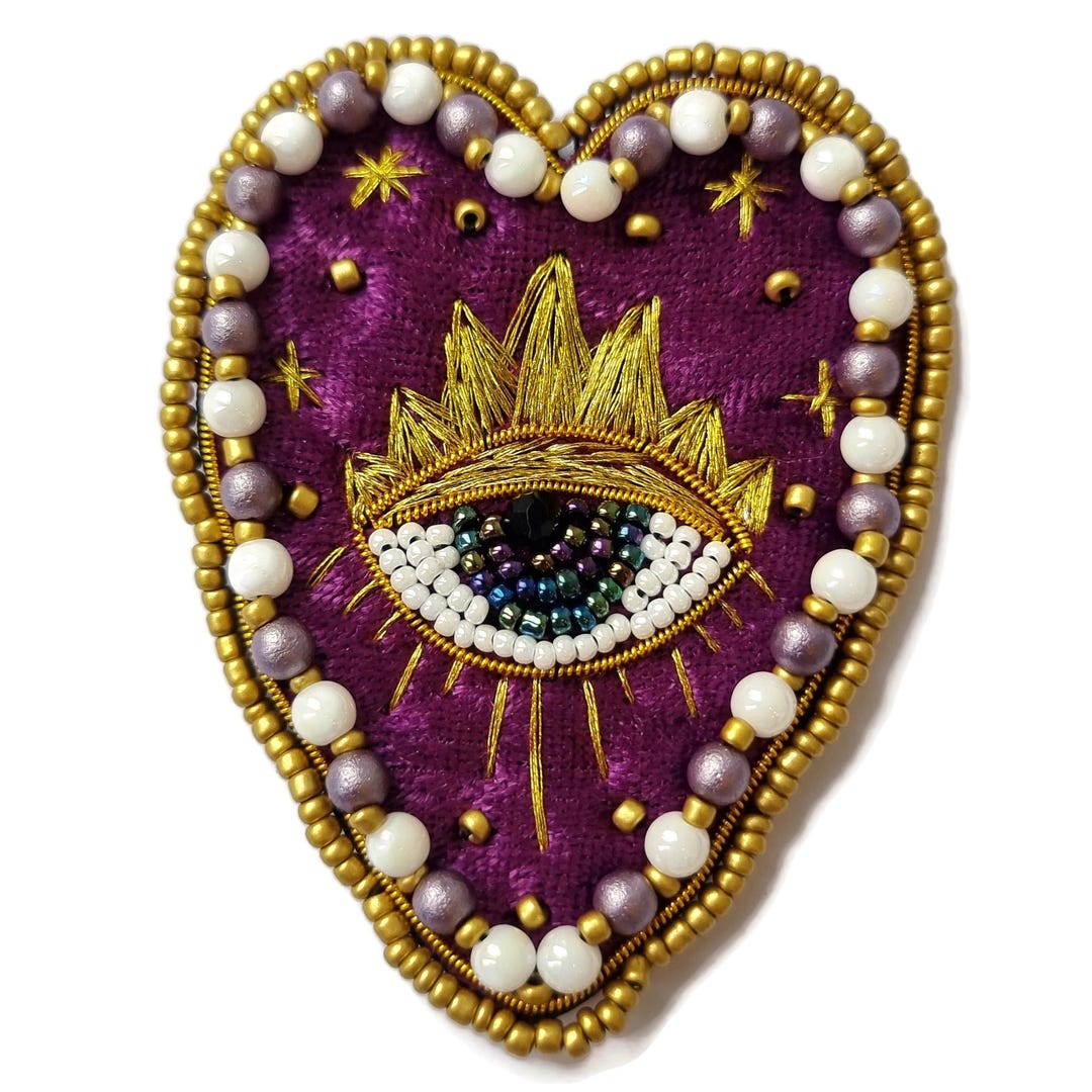 Hand Beaded Mystic Eye Heart Patch: Gold & Purple Velvet Embroidered ...