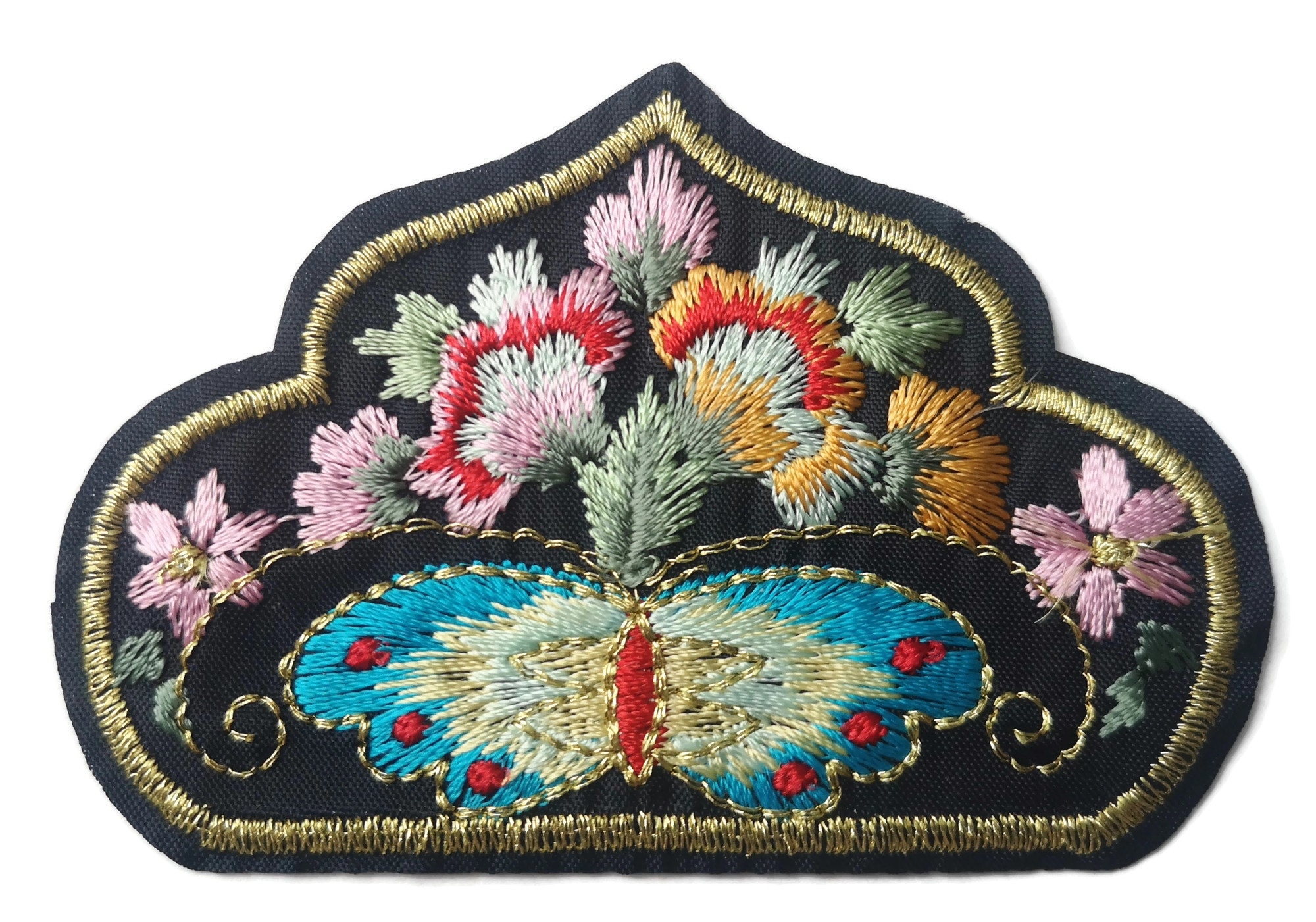 Embroidered Lotus Flower Patch With Blue Butterfly Gold Thread - Etsy