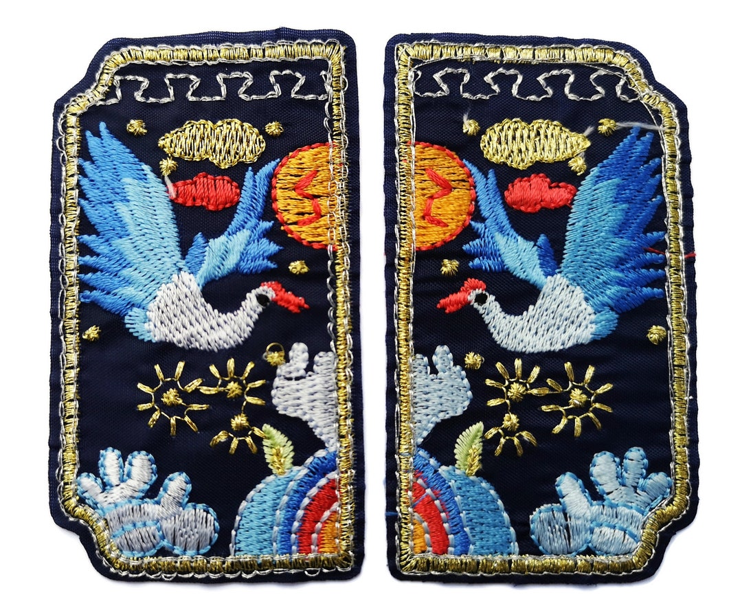 Embroidered Pair Crane Patches With Golden Sun and Gold Thread - Etsy