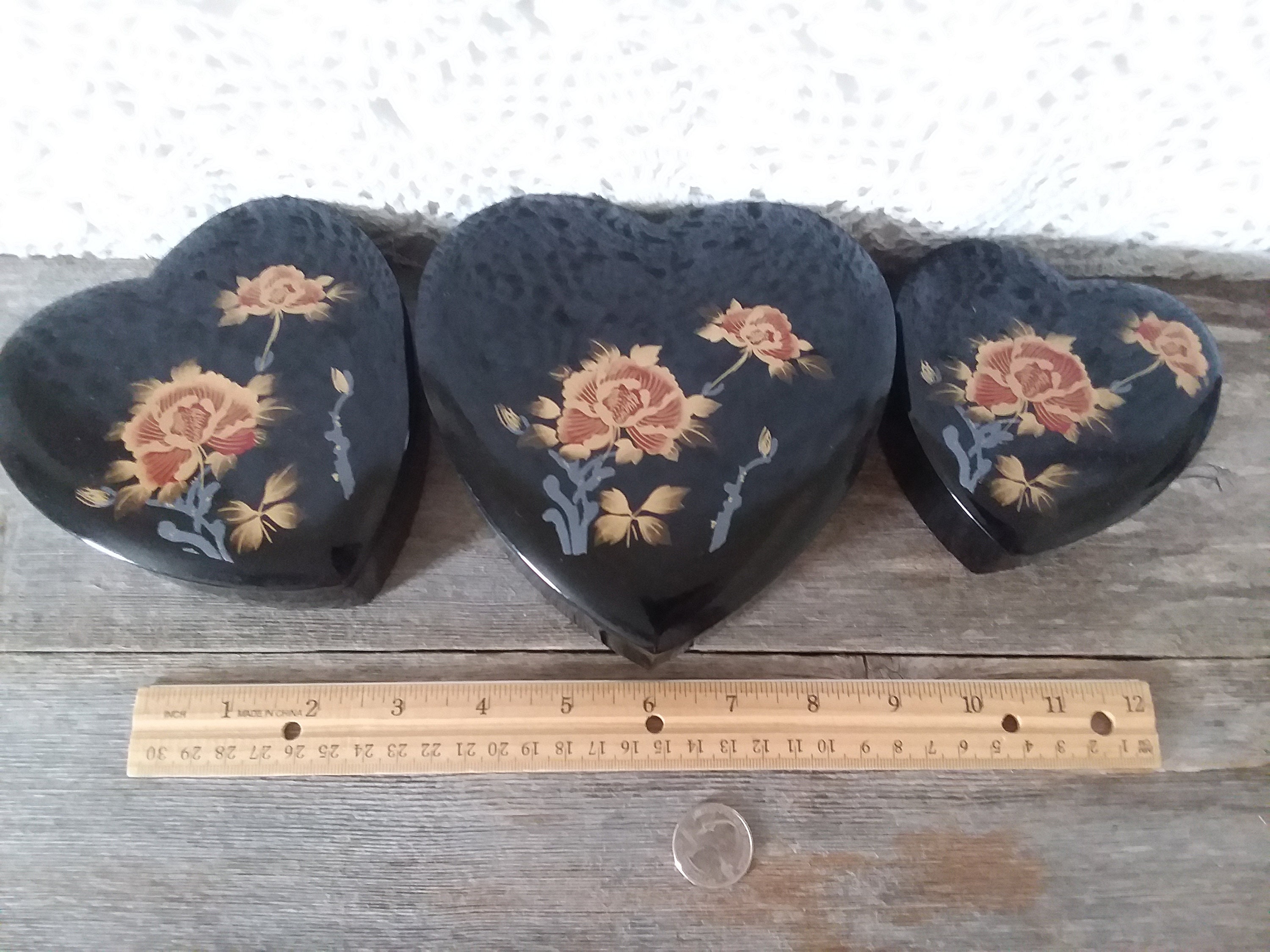 Vintage Box Set Japanese Box Black Heart Box Vintage Heart Box Floral ...