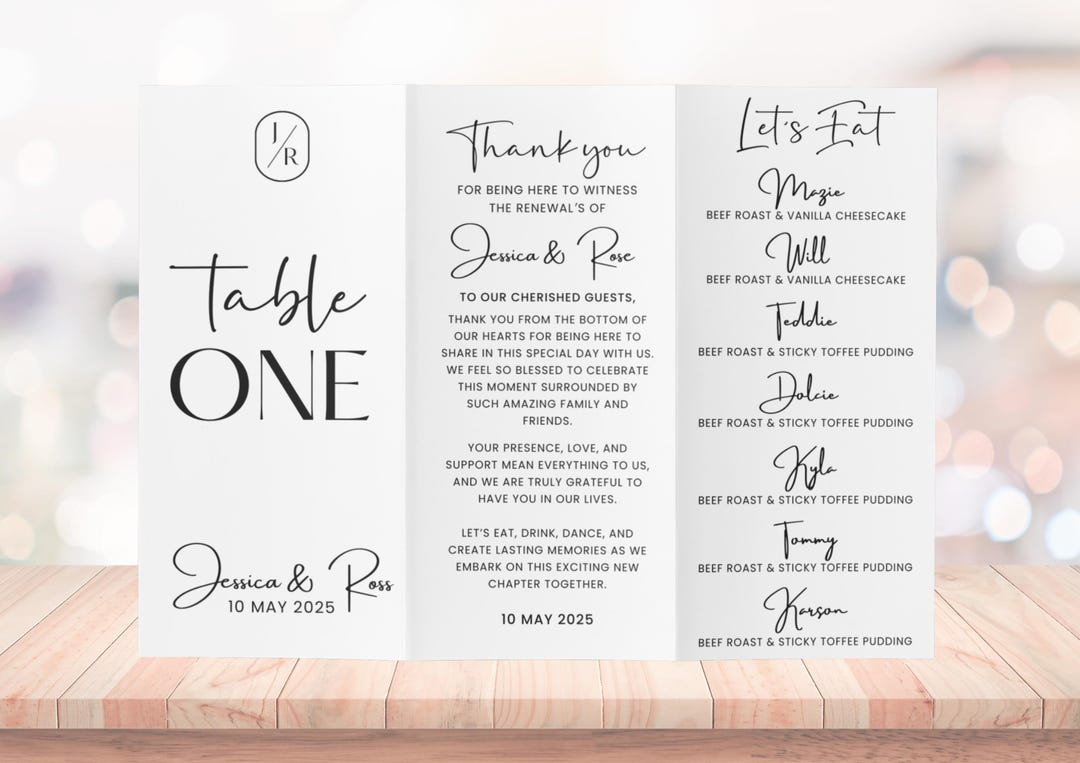 Wedding Trifold Table Numer, Wedding Menu Minimalist Thank You Card ...