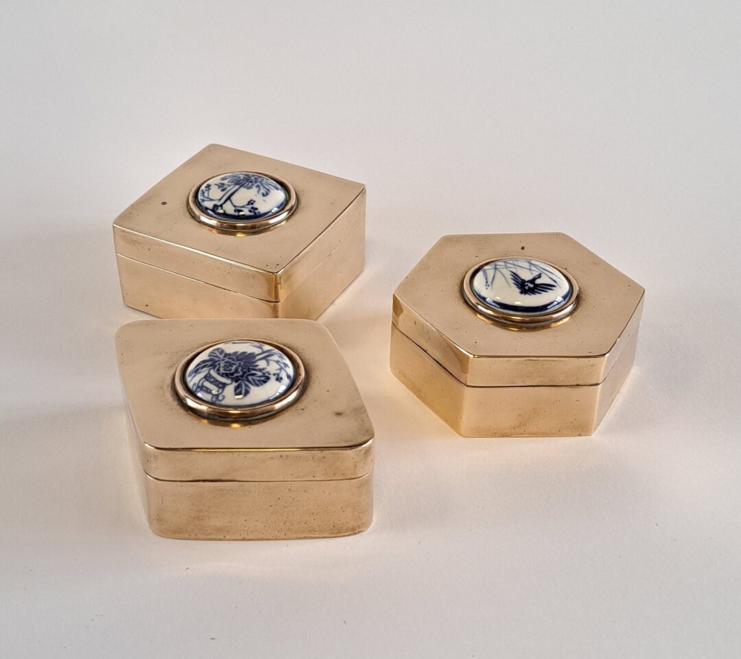 Lot of 3 Brass Boxes With Hand-painted Porcelain Ornament - Etsy