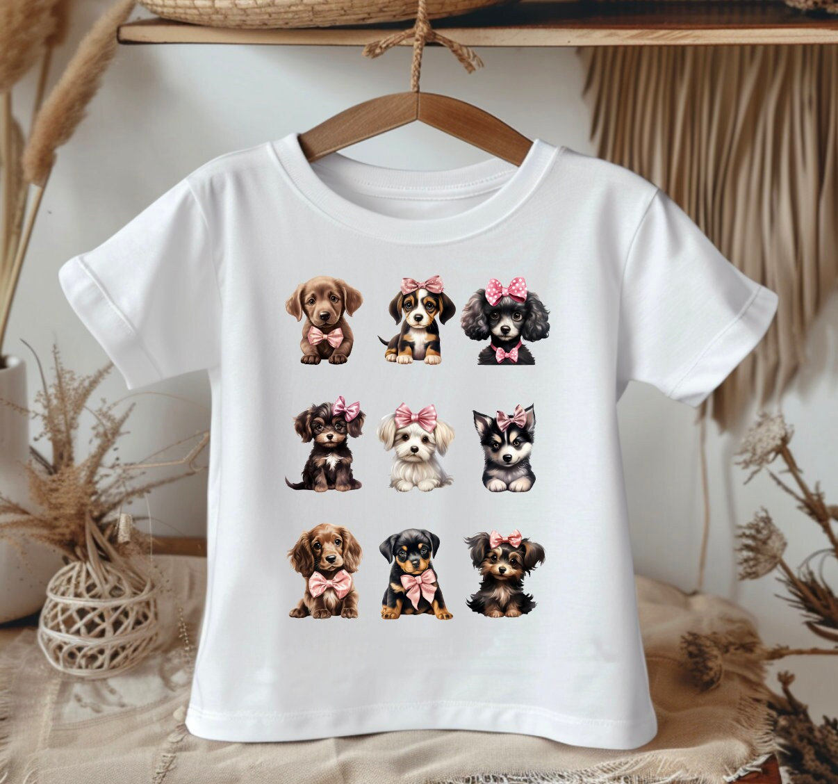 Puppies With Pink Bows Girls Tee Shirt, Girl Who Loves Puppies, Loves ...