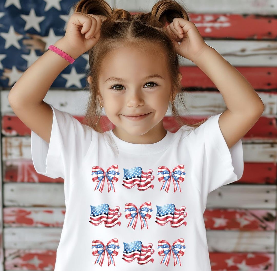 American Flags and Bows Girls Youth Tee Shirt, Toddler Shirt, Patriotic ...