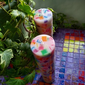 2 Rainbow Chunk Cylinder Pillar Candles, Rainbow Confetti Candles ...