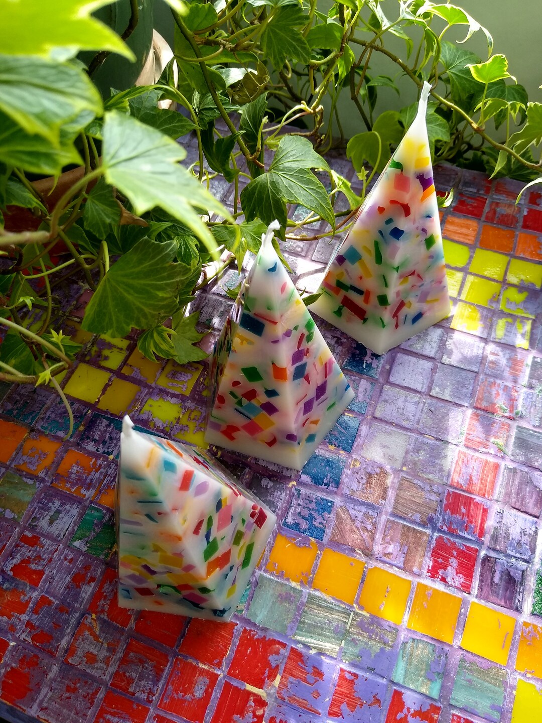 Rainbow Chunk Pentagonal Pyramid Pillar Candles, Set of 3 Paraffin Wax ...
