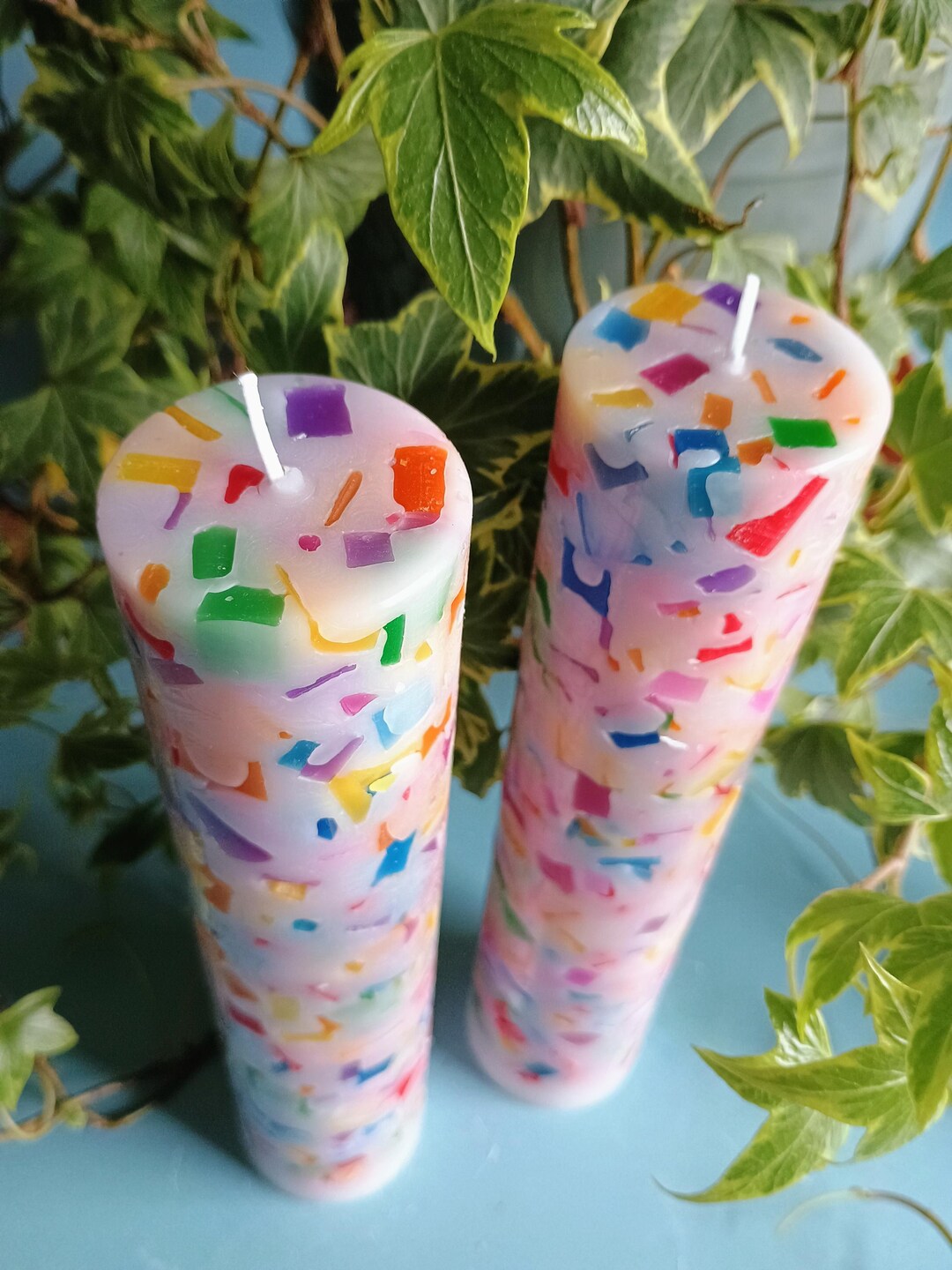 2 Rainbow Chunk Cylinder Pillar Candles, Rainbow Confetti Candles ...