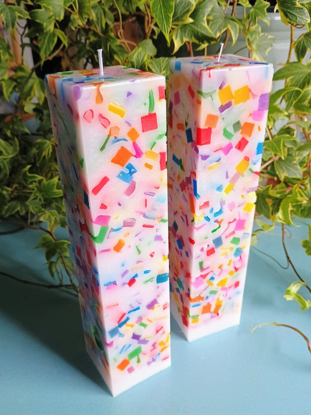 2 Rainbow Chunk Tall Square Pillar Church Candles, Rainbow Confetti ...