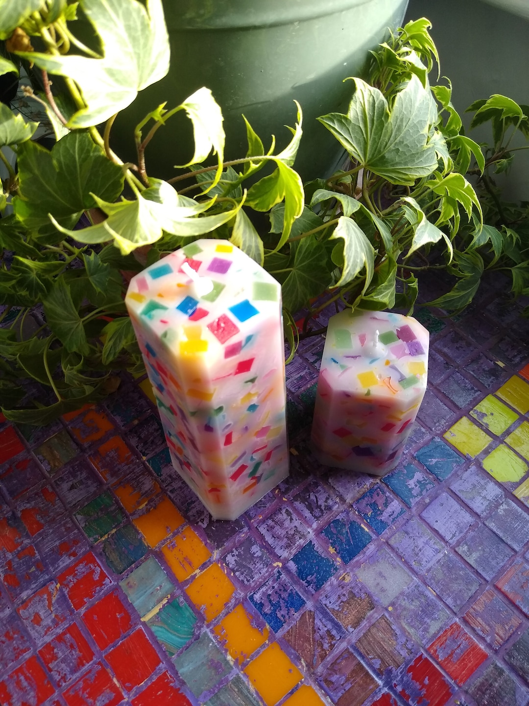 2 Rainbow Chunk Square Pillar Candles, Set of 2 Rainbow Chunk Paraffin ...