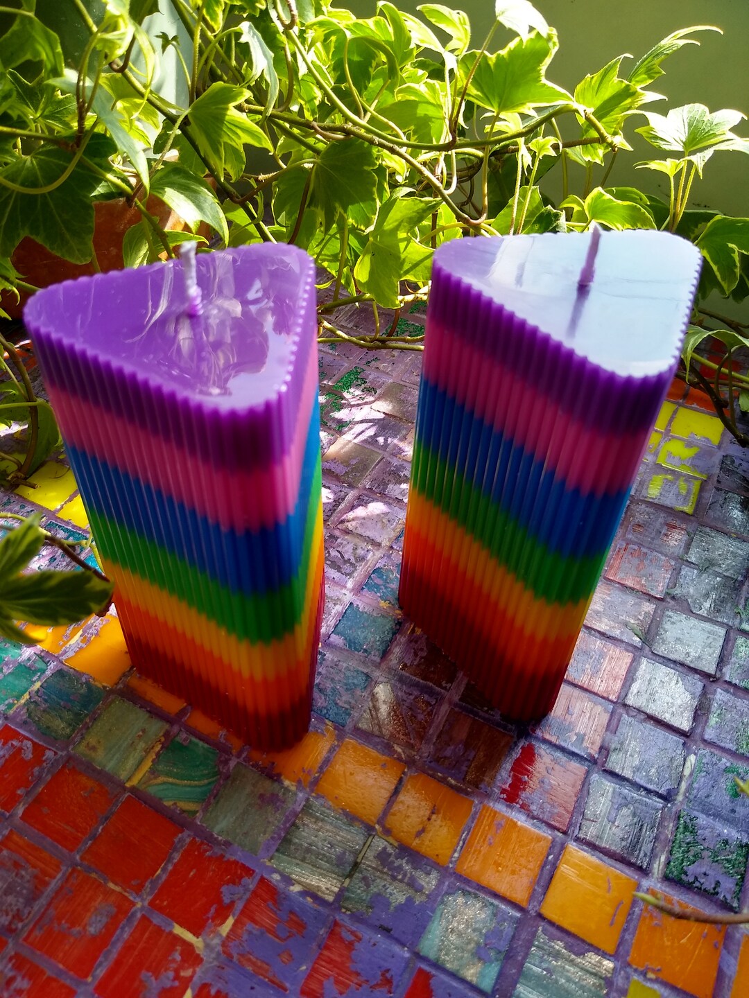 2 Rainbow Triangular Prism Pillar Candles, Fluted Candles, Unscented ...