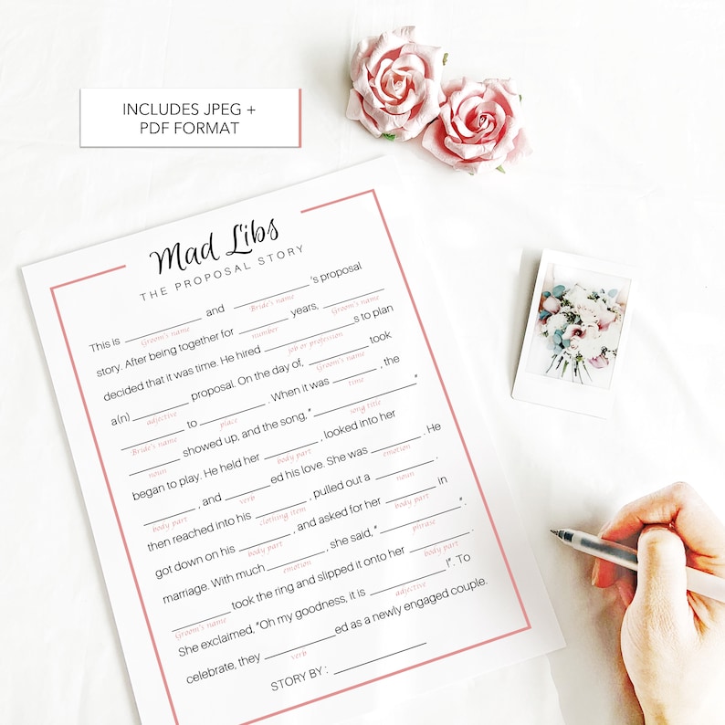 Mad Libs Bridal Shower Party Game Printable, Proposal Love Story Mad Libs Wedding Shower ...