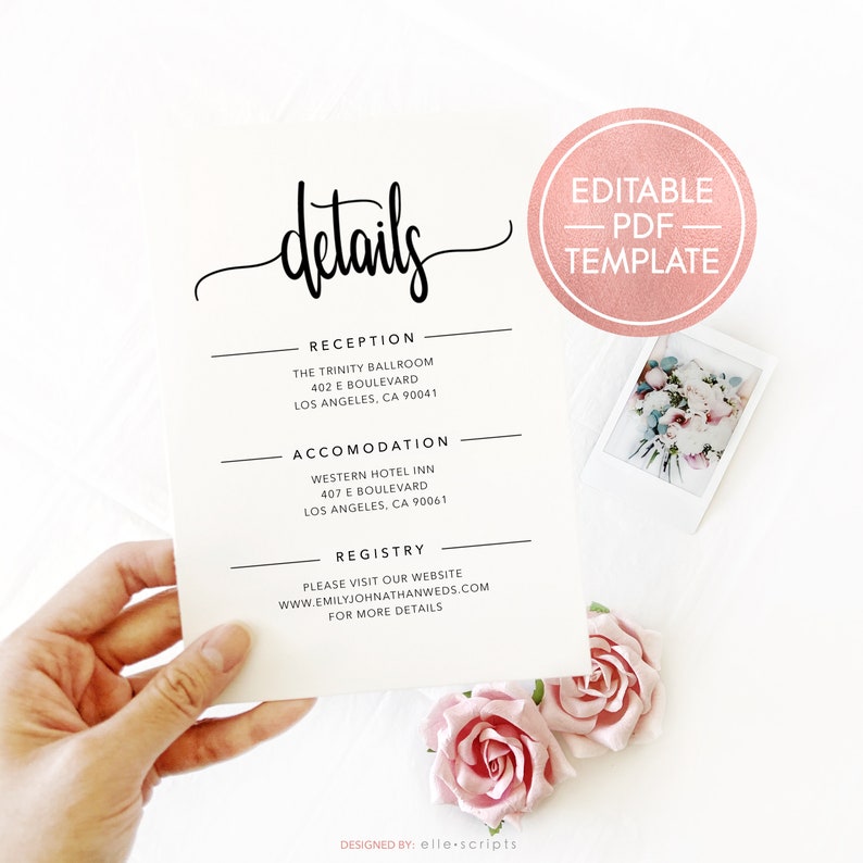 Details Card Printable Template, Editable PDF Digital Download, Wedding ...