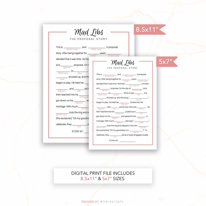Mad Libs Bridal Shower Party Game Printable, Proposal Love Story Mad Libs Wedding Shower ...