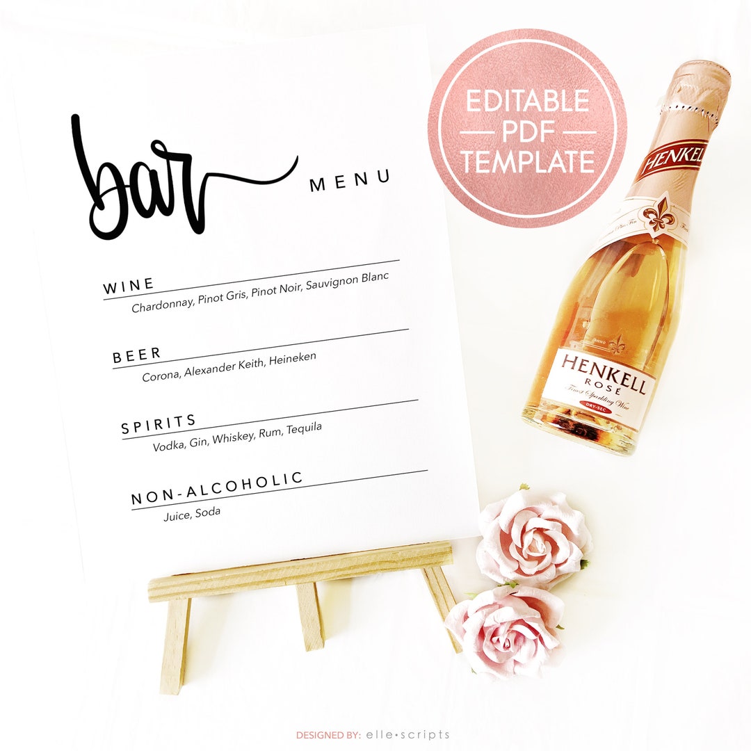 Bar Menu Wedding Sign Printable Template, Bar Menu Party Sign, DIY ...