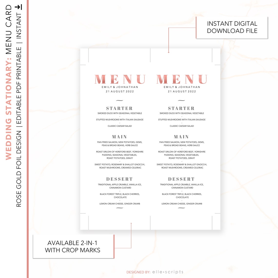 Wedding Menu Card Printable Template Editable PDF Digital - Etsy