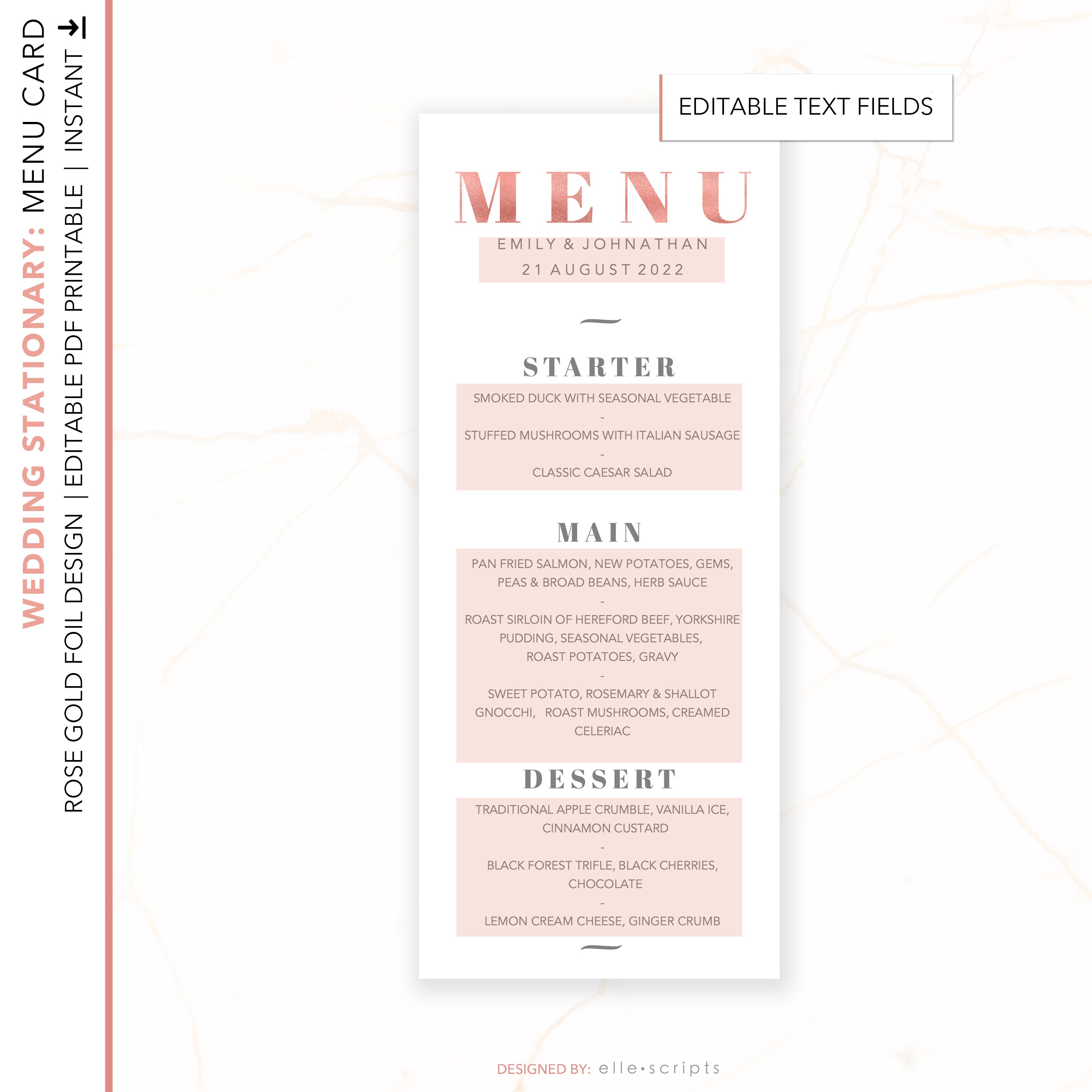 Wedding Menu Card Printable Template Editable PDF Digital - Etsy