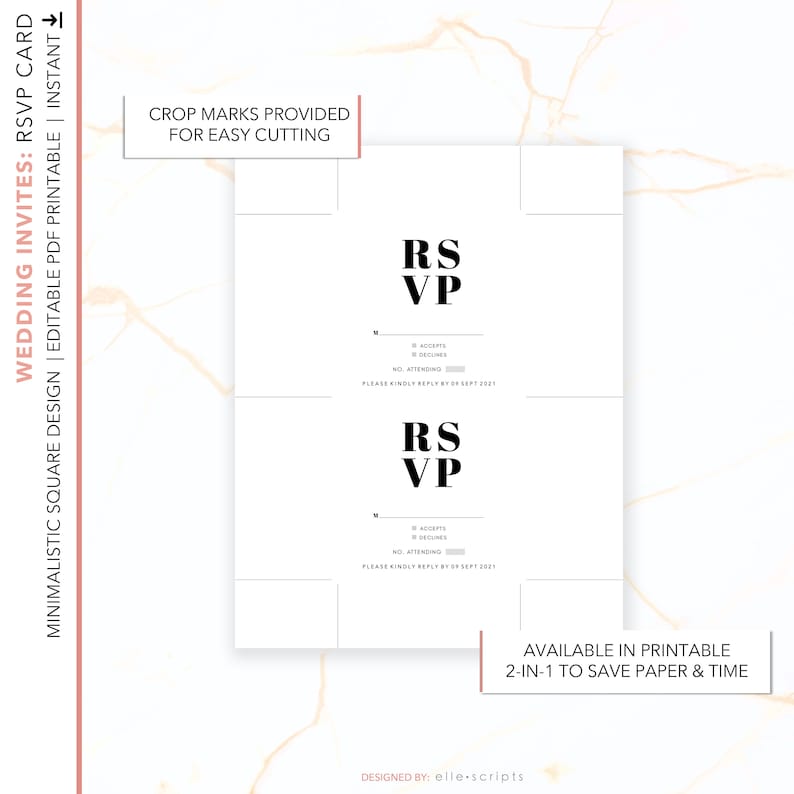 RSVP Card Square Printable Template, Editable PDF Digital Download ...