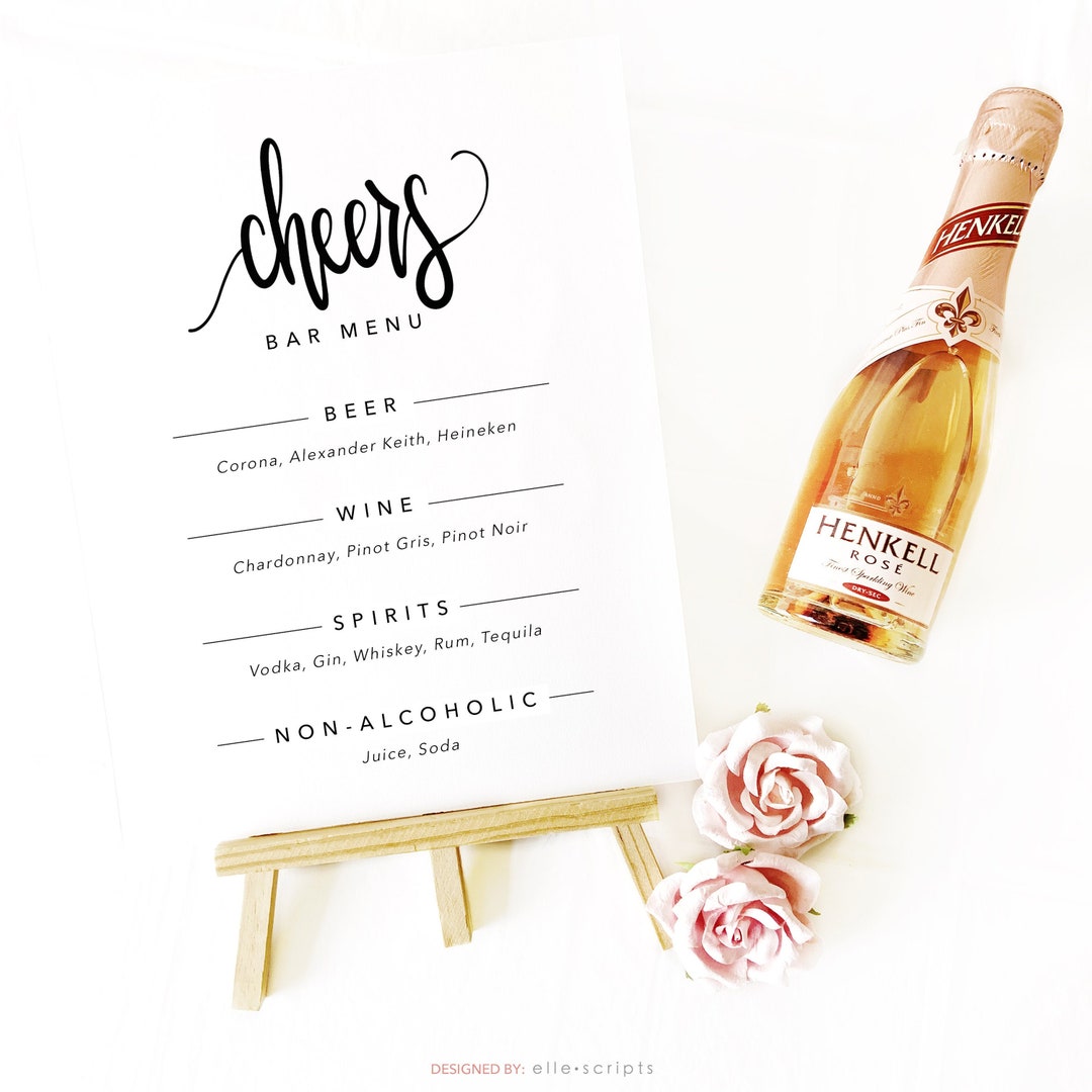 Cheers Bar Menu Wedding Sign Printable Template, Cheers Party Sign, DIY ...