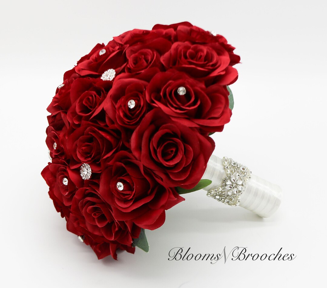 Red Rose Wedding Bouquet, Bridal Bouquet Round Crystal, Bridesmaids ...