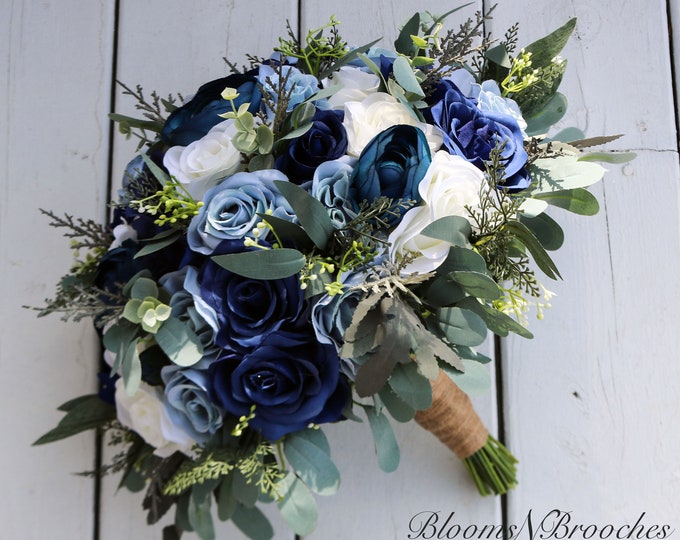 Navy Blue and White Bridal Bouquet, Navy Blue and White Wedding Flowers ...