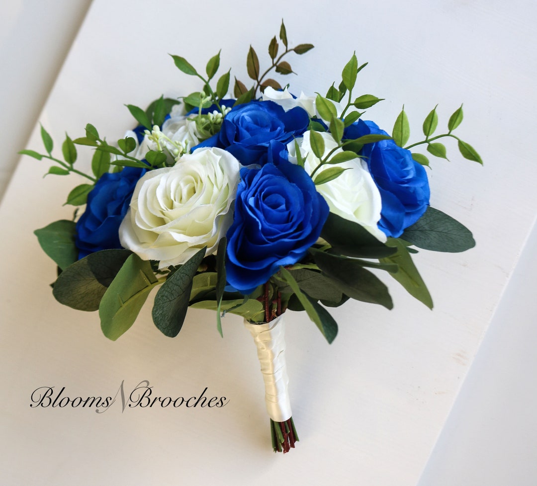Wedding Bouquet, Royal Blue and Ivory Bouquet, Bridal Bouquet, Bridesmaids Bouquet, Wedding ...