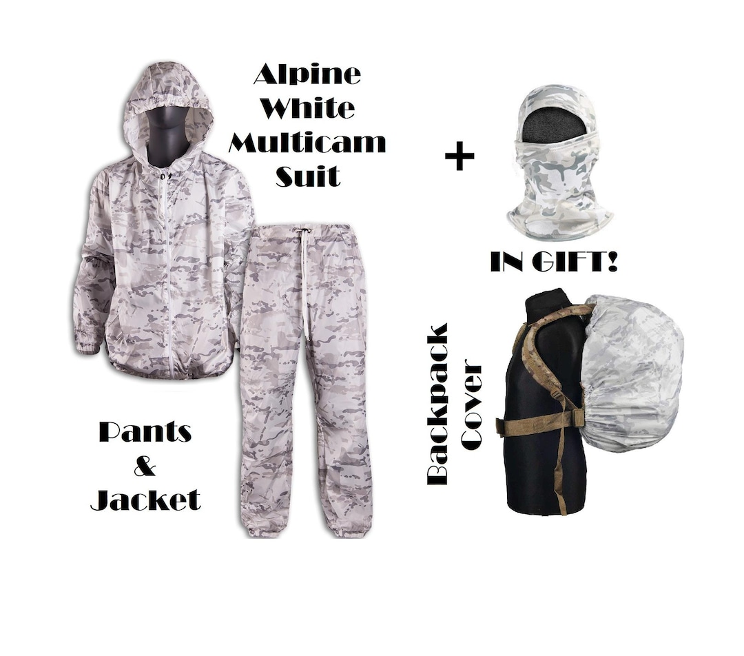 White Multicam Snow Winter Camo Suit + Balaclava and Backpack Cover ...