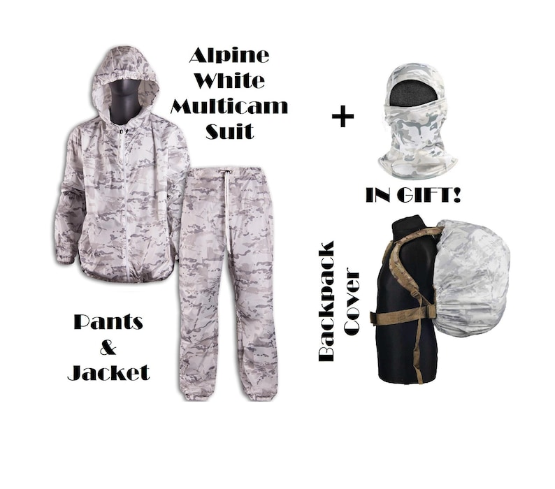 White Multicam Snow Winter Camo Suit + Balaclava and Backpack Cover ...