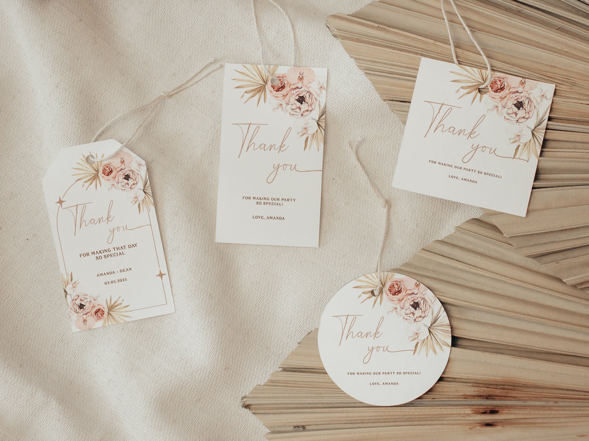 EDITABLE Boho Thank You Tags, Pampas Grass Pink Boho Thank You Favor ...