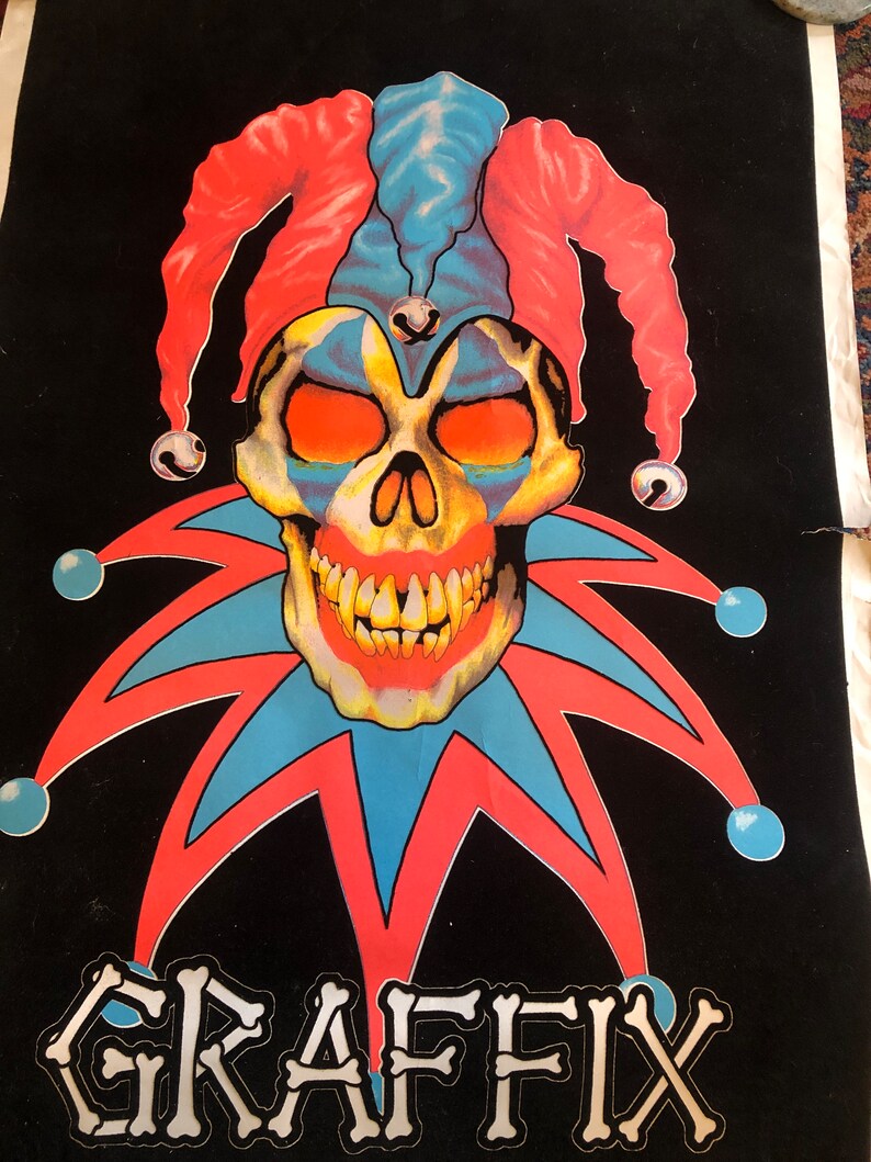 Rare Vtg 90s GRAFFIX Airjester Jester Skull Clown Blacklight 35x23 ...